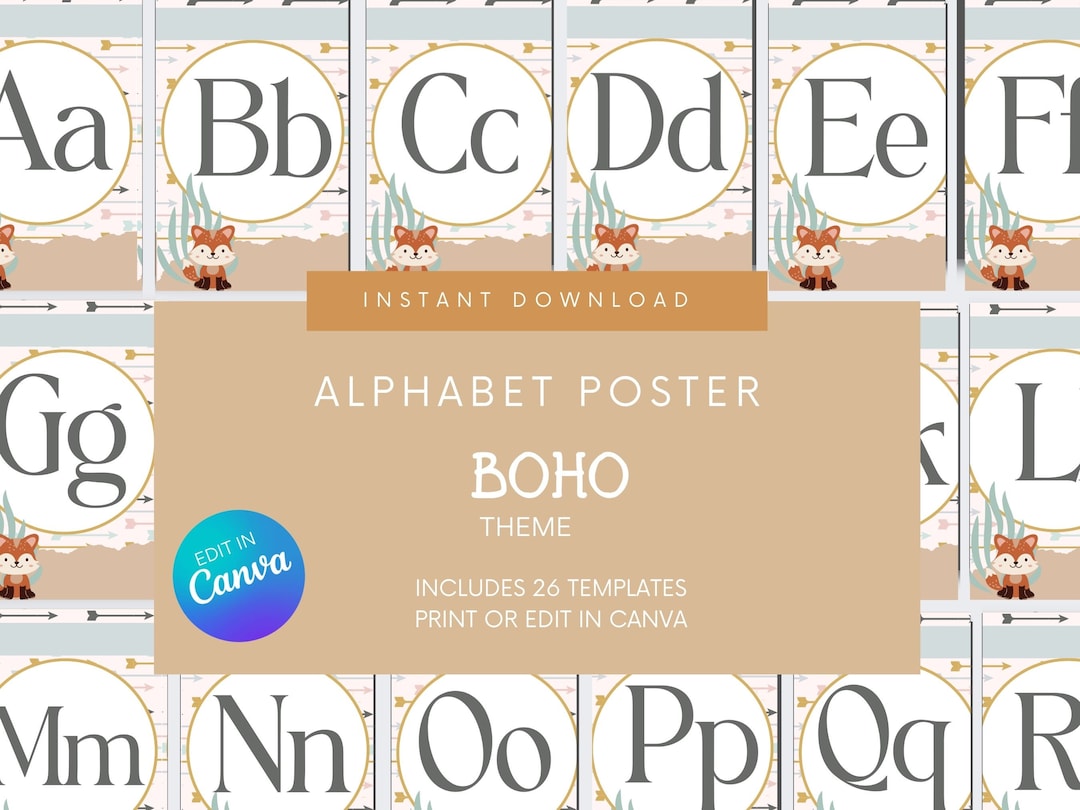 Boho Theme Classroom Alphabet Poster Editable Templates for Daycare and ...