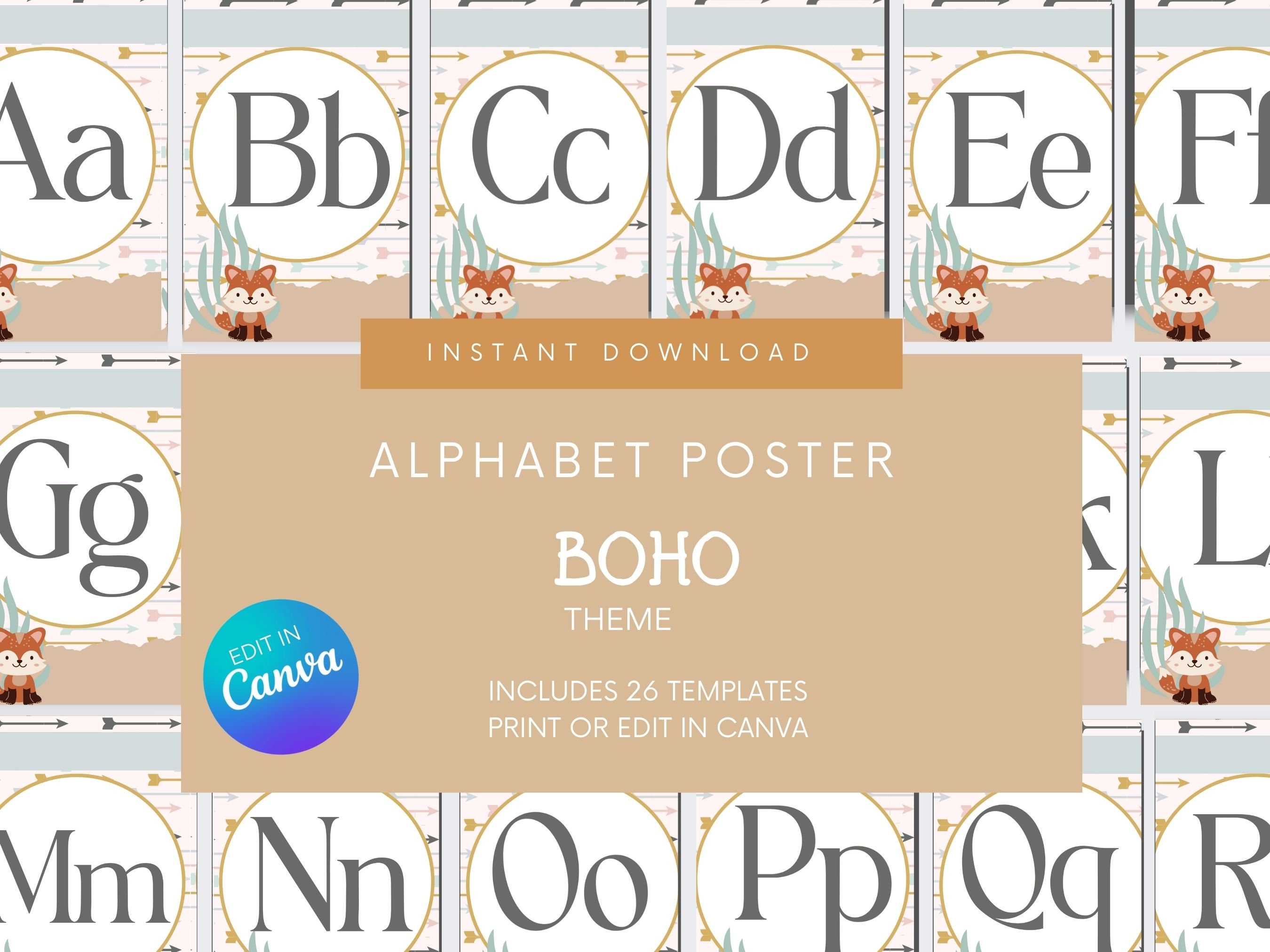 Boho Theme Classroom Alphabet Poster Editable Templates for Daycare and ...