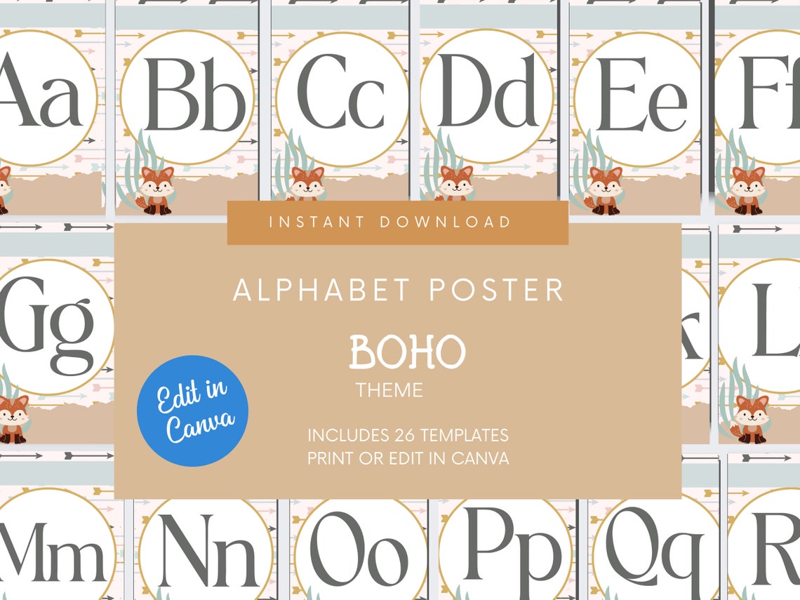 Boho Theme Classroom Alphabet Poster - Editable Templates for Daycare ...