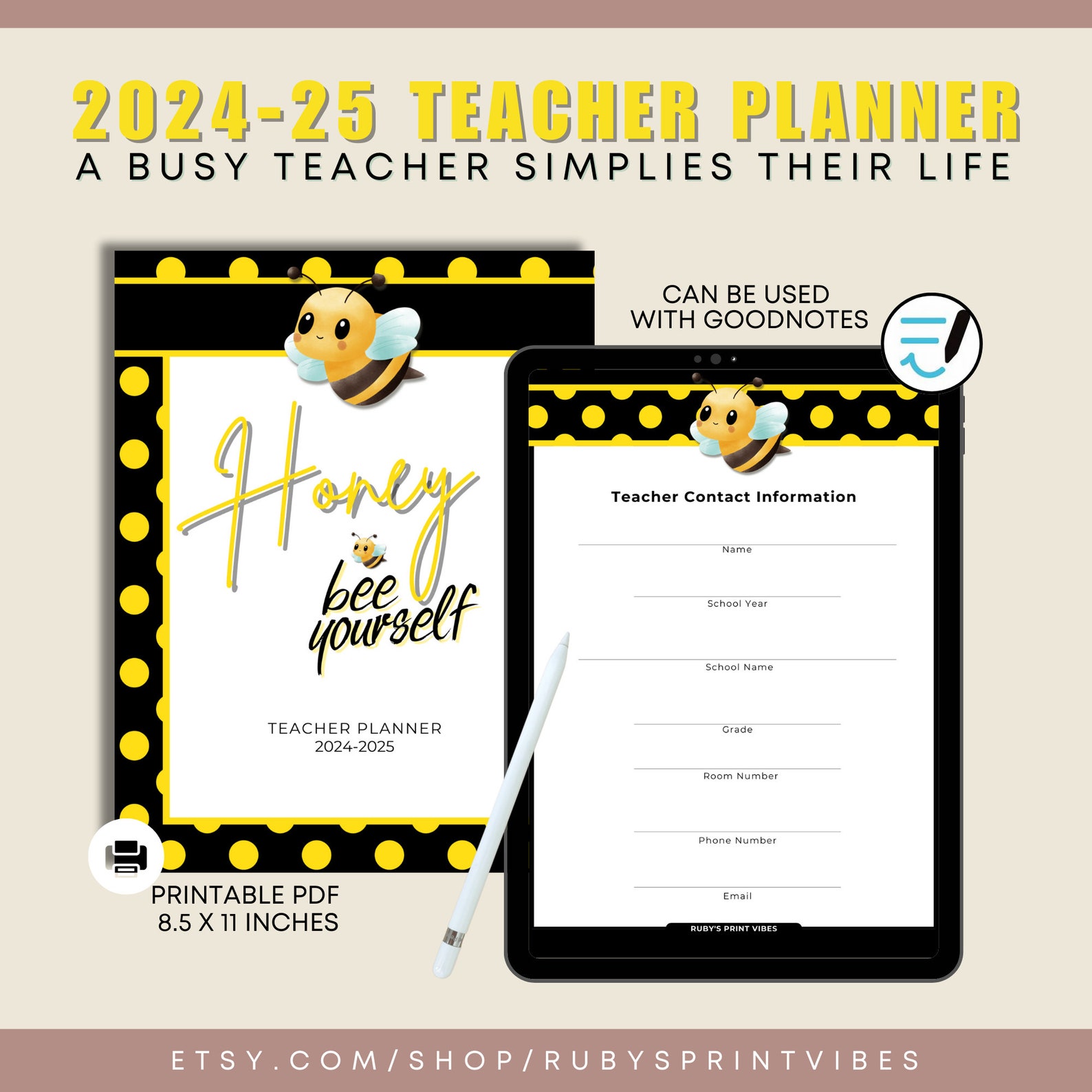 2024 2025 Printable Teacher Planner With a Bumble Bee Theme Can Be Used ...