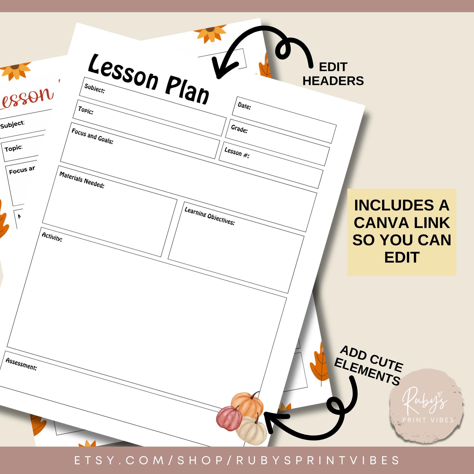 Fall Themed Daily Lesson Plan Template for Teacher Lesson Planning Pdf ...