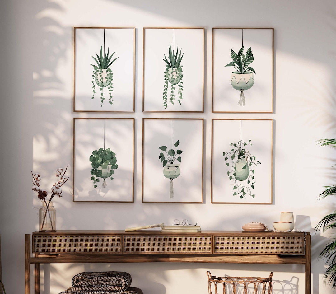 Set of 6 Prints, Botanical Hanging Plants Poster, Green Wall Art ...