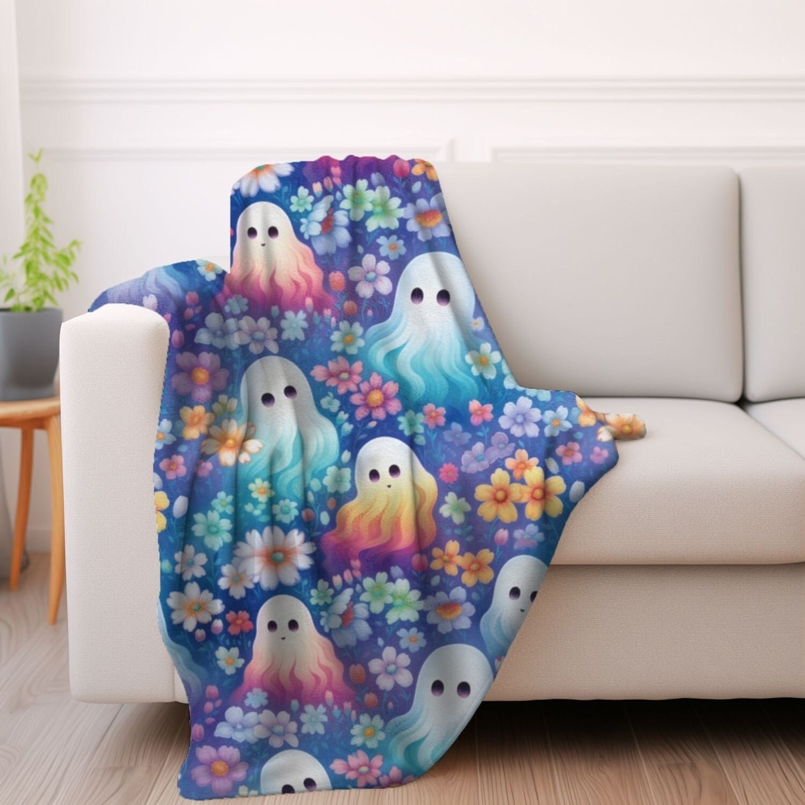 Groovy Halloween Ghost Velveteen Plush Blanket, Cozy Halloween Ghost ...