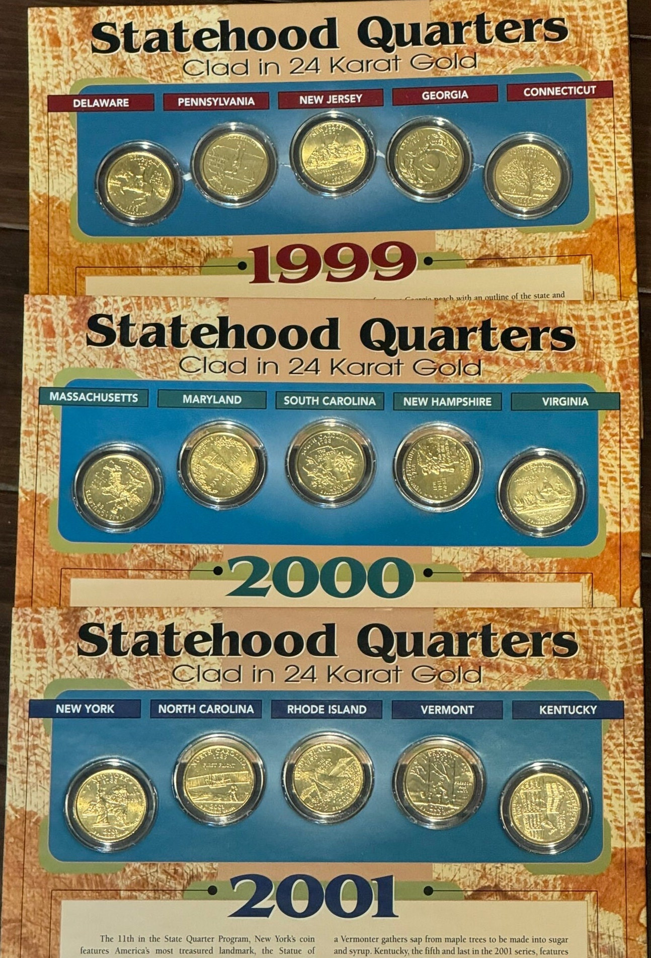 1999 Thru 2001 US Statehood Quarters 24K GOLD PLATED W/capsules - 15 ...