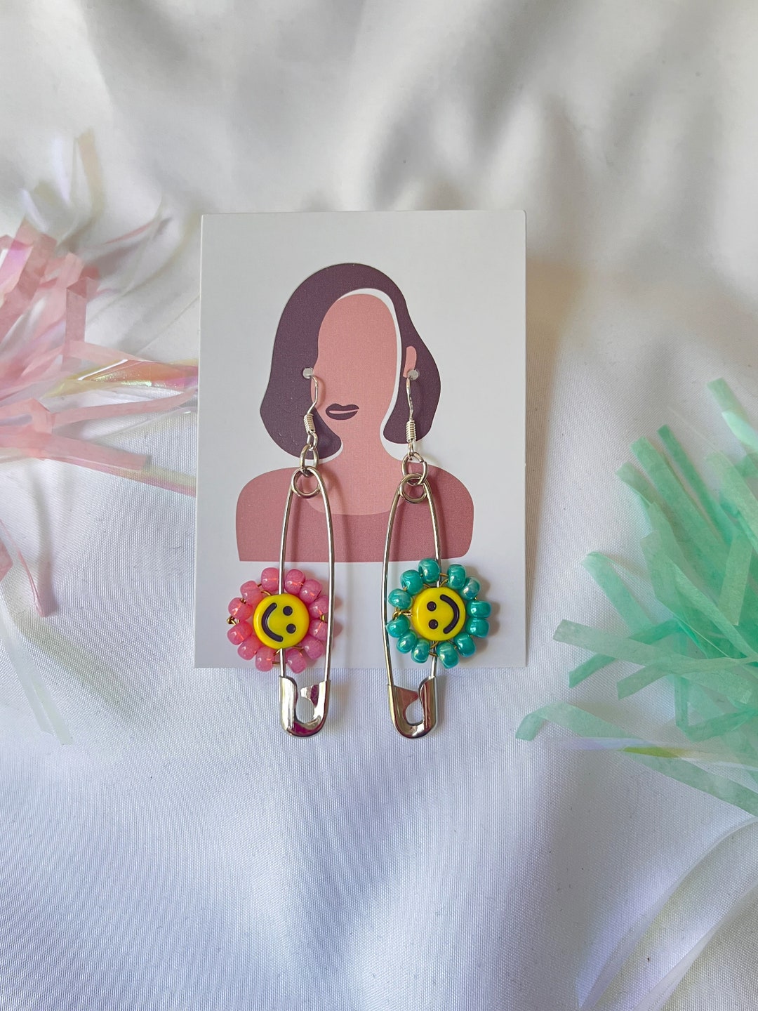 Y2K 90's Nostalgic, Rave, Daisy, Smiley Face, Safety Pin Earrings ...