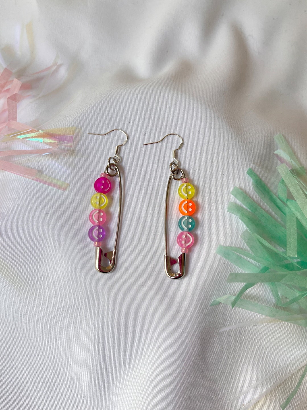 Y2K 90's Nostalgic, Rave, Smiley Face, Colourful, Safety Pin Earrings ...