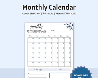 PDF Printable Monthly Calendar Digital Download Monthly Calendar ...