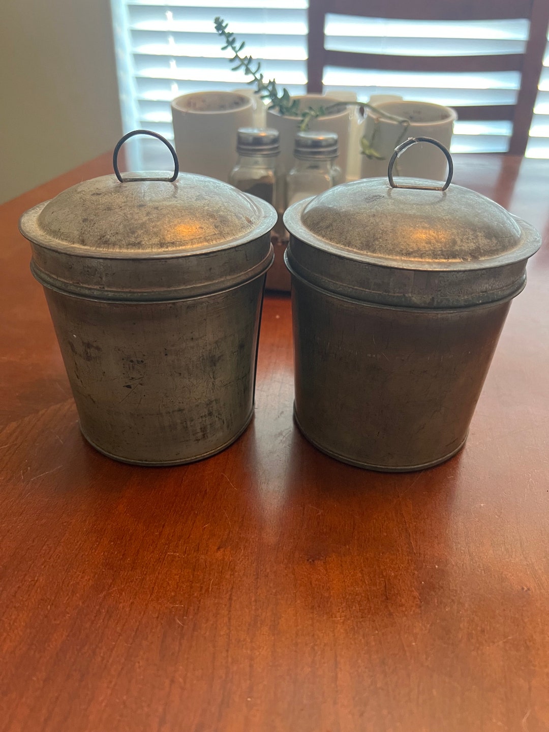 Two Antique Tin Ware Pudding Mold Cans With Lid’s Kitchen Ware Circa ...