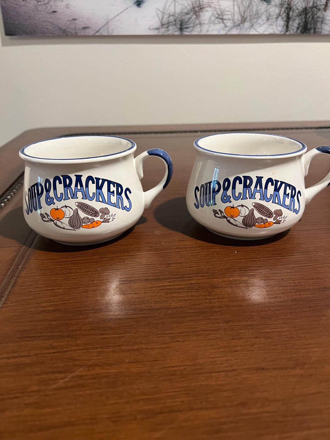 Vintage Set of 2 Soup & Crackers Mugs Cups Bowls Blue and White With ...