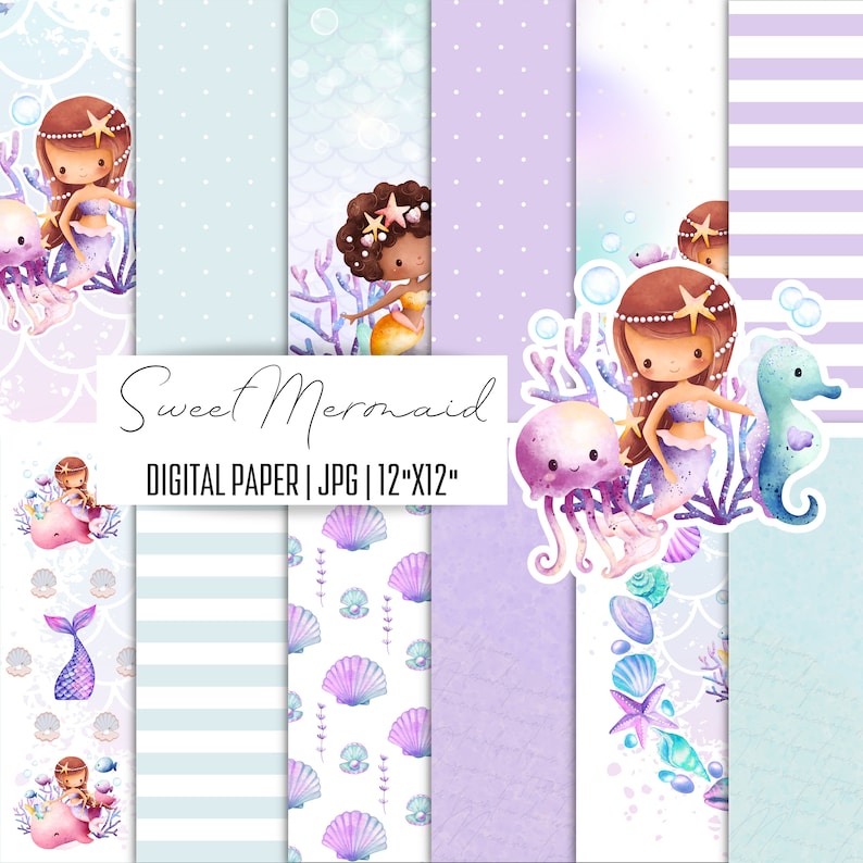 Sweet Mermaid Digital Paper: Scrapbook Backgrounds (12x12 In) (digital ...