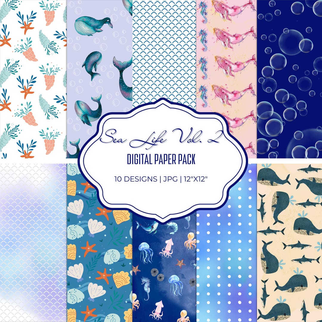 Sea Life Digital Paper Pack Vol. 2 | Ocean Patterns | Whale Mermaid ...