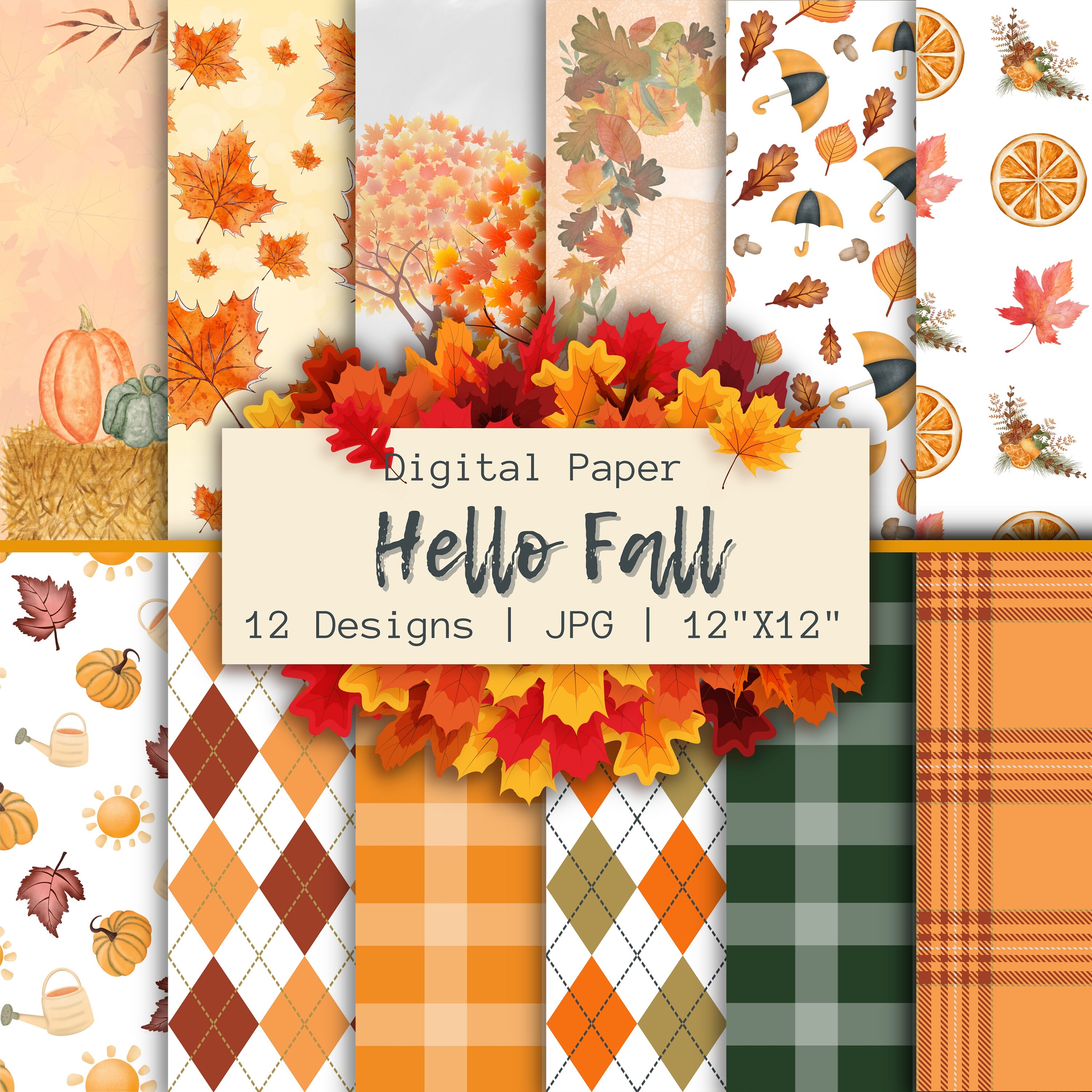 Hello Fall Pattern, Fall Digital Paper Pack, Fall Pattern, Pumpkin ...