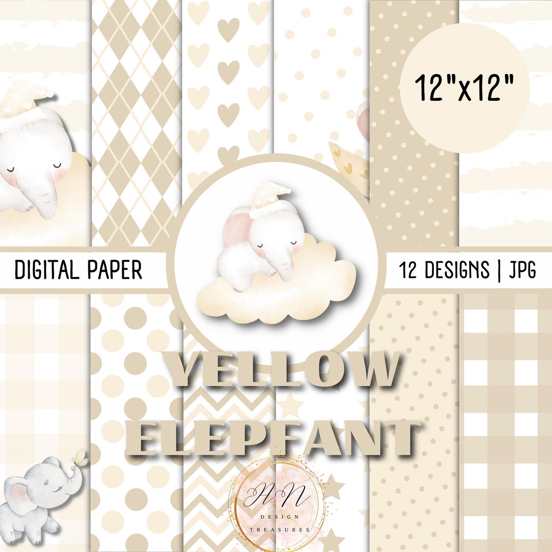 Baby Elephant Digital Paper Pack: Yellow Scrapbook Papers (instant ...