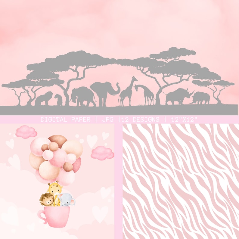 Pink Safari Digital Paper, Nursery Pink Background, Girl Jungle Safari ...