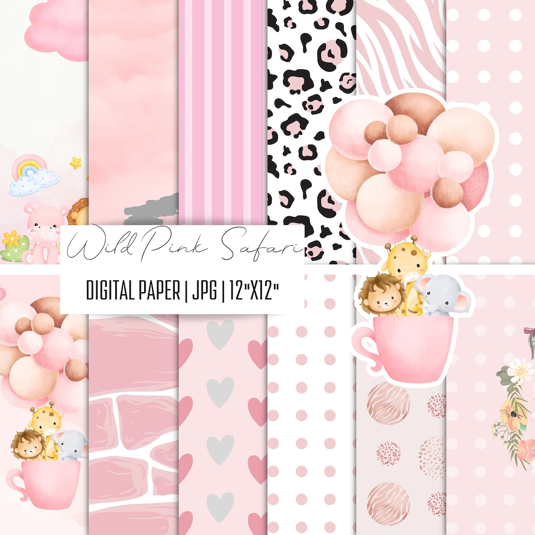 Pink Safari Digital Paper, Nursery Pink Background, Girl Jungle Safari ...