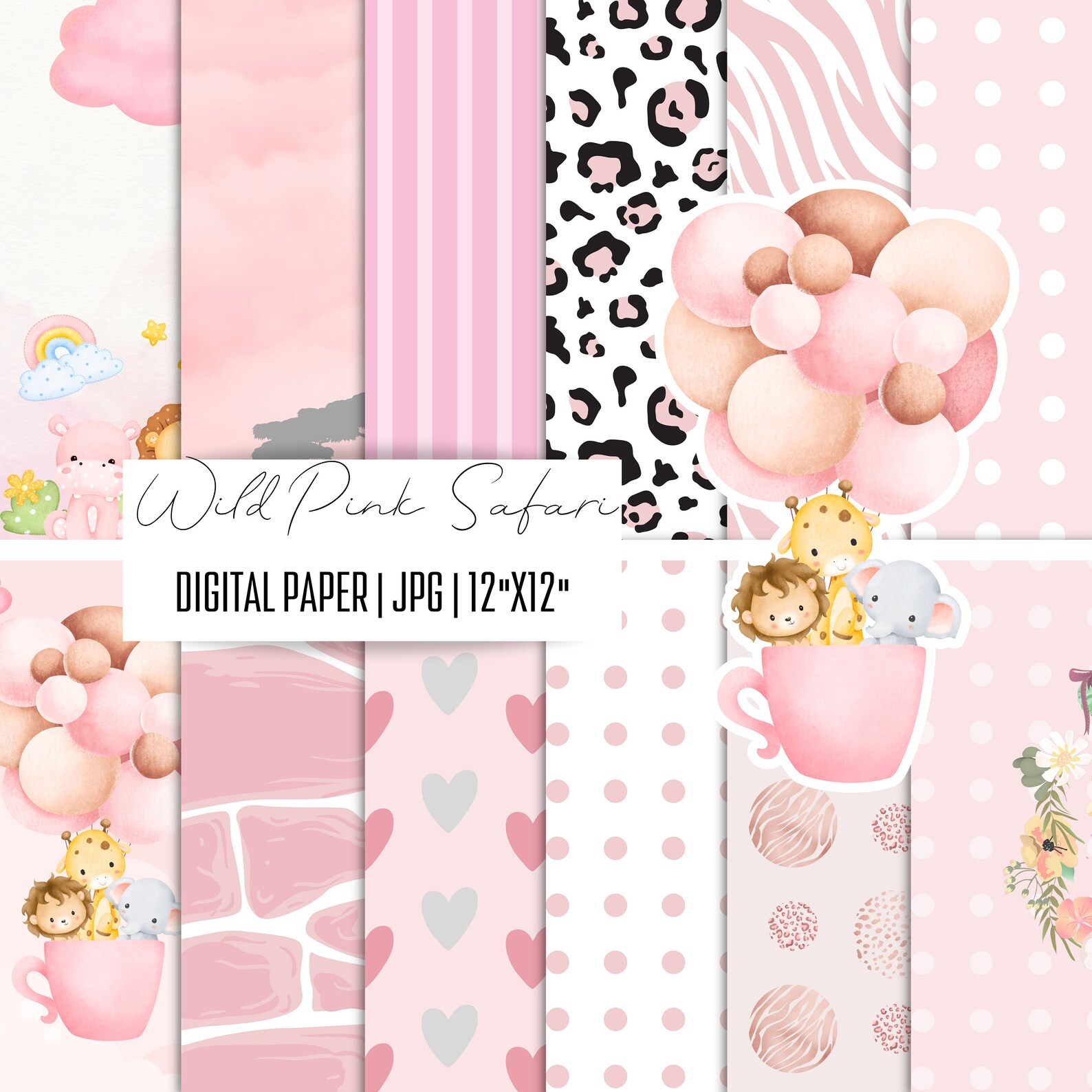 Pink Safari Digital Paper, Nursery Pink Background, Girl Jungle Safari ...