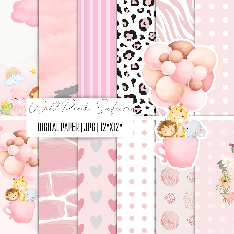 Pink Safari Digital Paper, Nursery Pink Background, Girl Jungle Safari ...