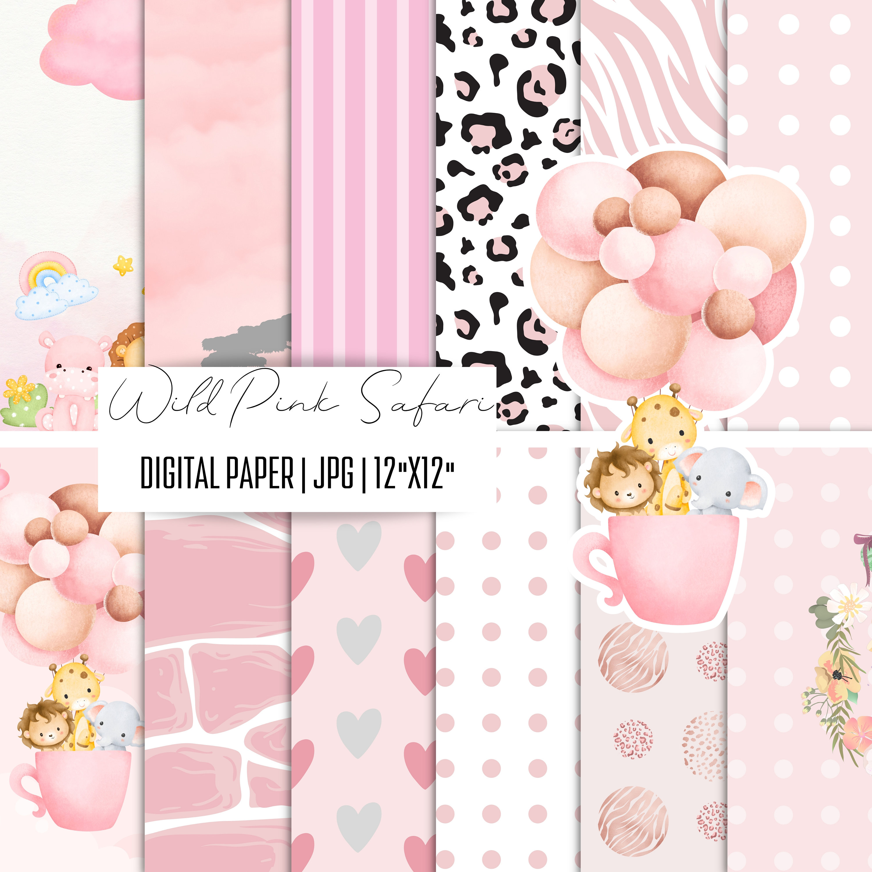 Pink Safari Digital Paper, Nursery Pink Background, Girl Jungle Safari ...