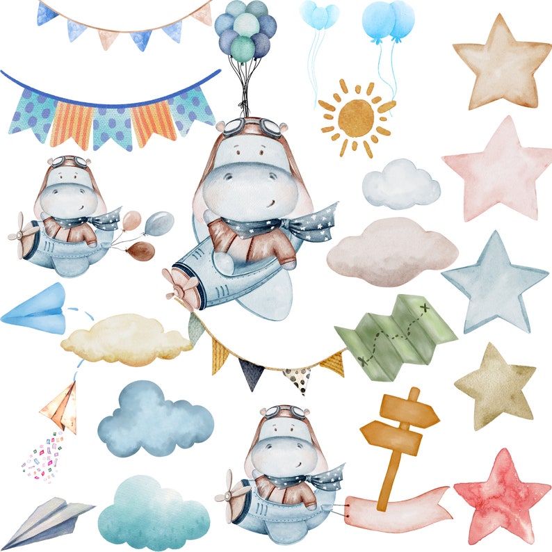 Watercolor Airplane Clip Art, Hippo Pilot Print, Watercolor Digital ...