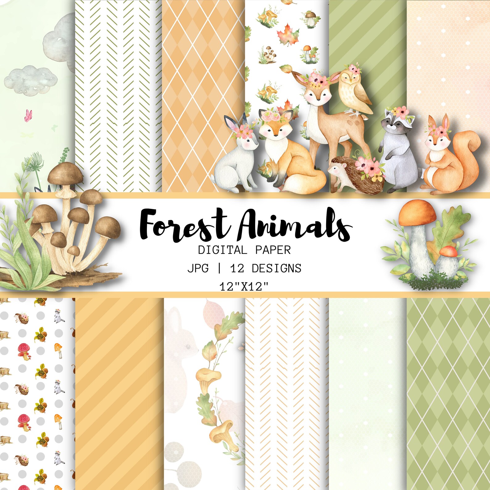 Forest Animals Digital Paper, Forest Animals Clipart, Wild Animals ...