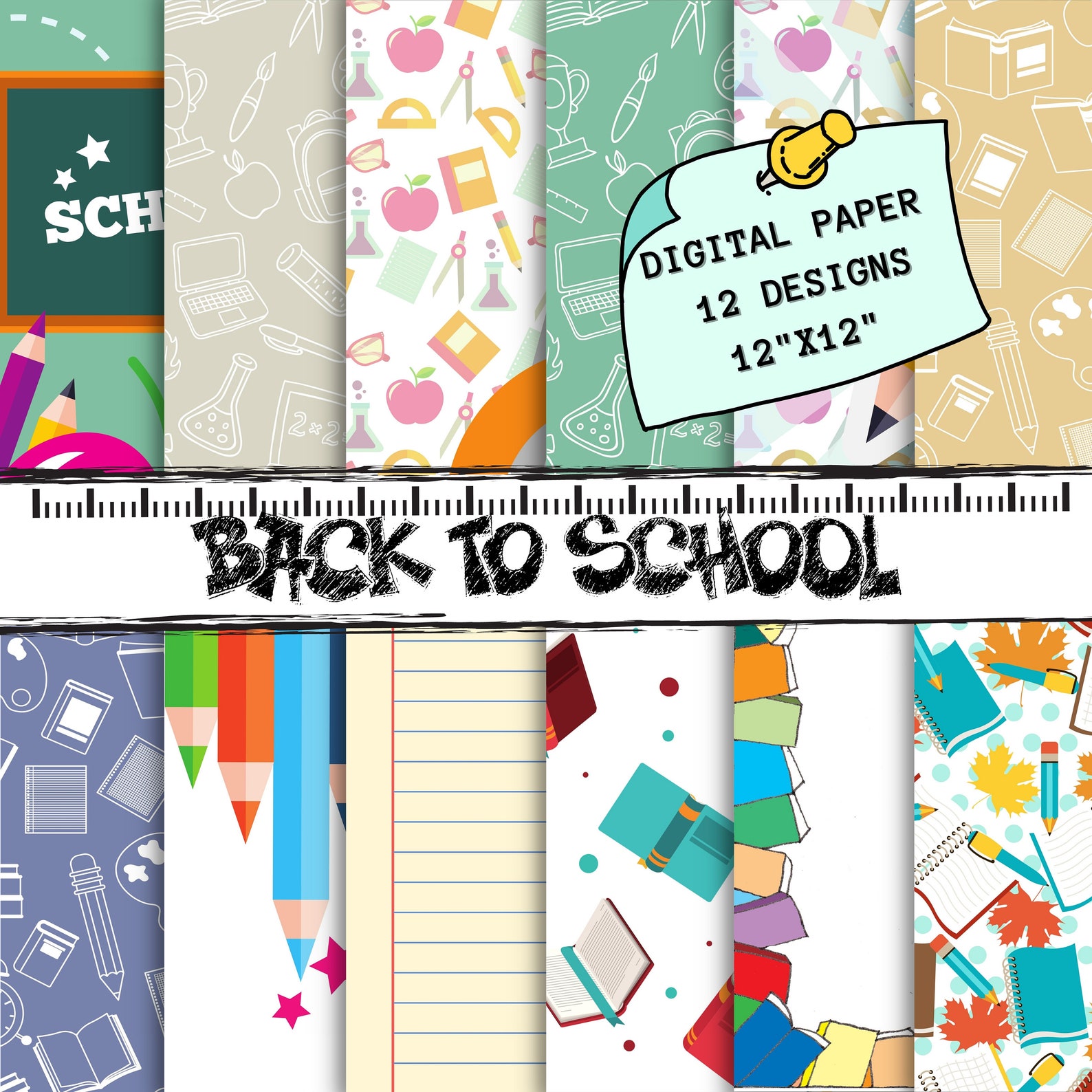Back to School Digital Paper, School Background, Scrapbook Paper ...