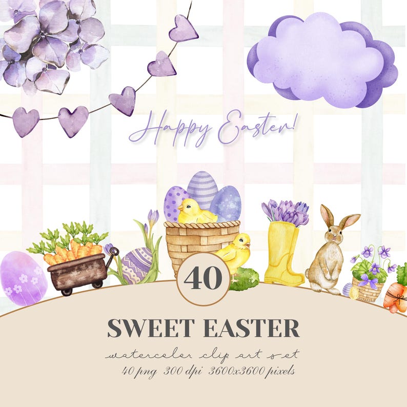 Sweet Easter Clipart Bundle, Watercolor Easter PNG, Bunny Eggs Flowers ...