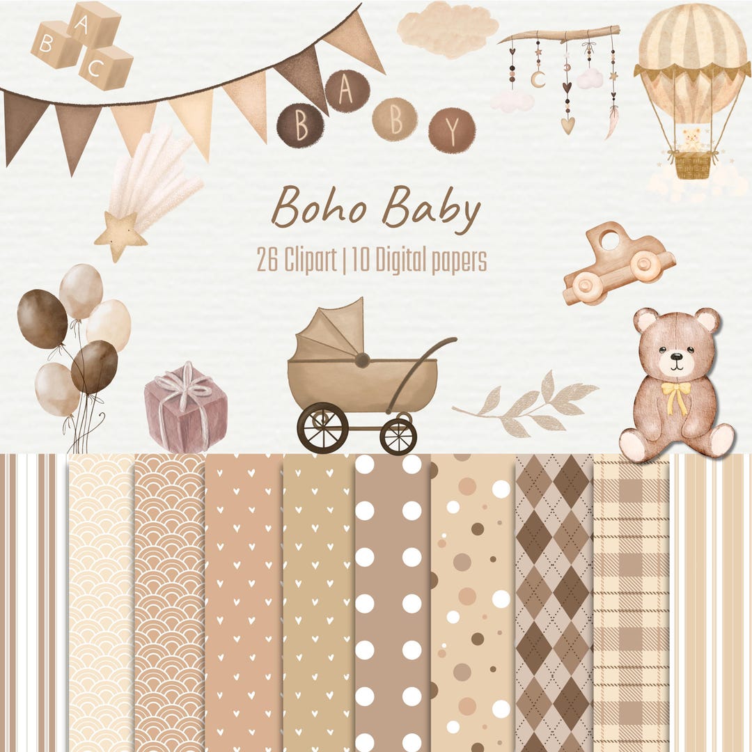 Boho Baby Clipart & Digital Paper Pack: Watercolor Nursery Designs ...
