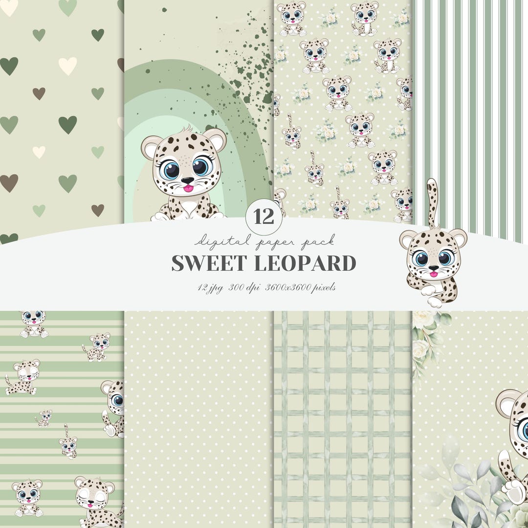 Sweet Leopard Digital Paper Pack-cute Baby Leopard Nursery Paper, Green ...