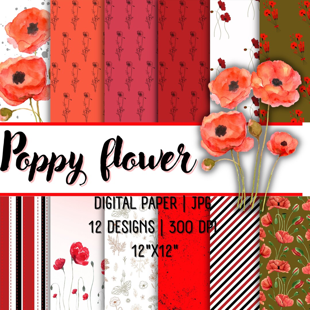 Red Poppy Flower Digital Paper: Scrapbook & Card Making (digital ...