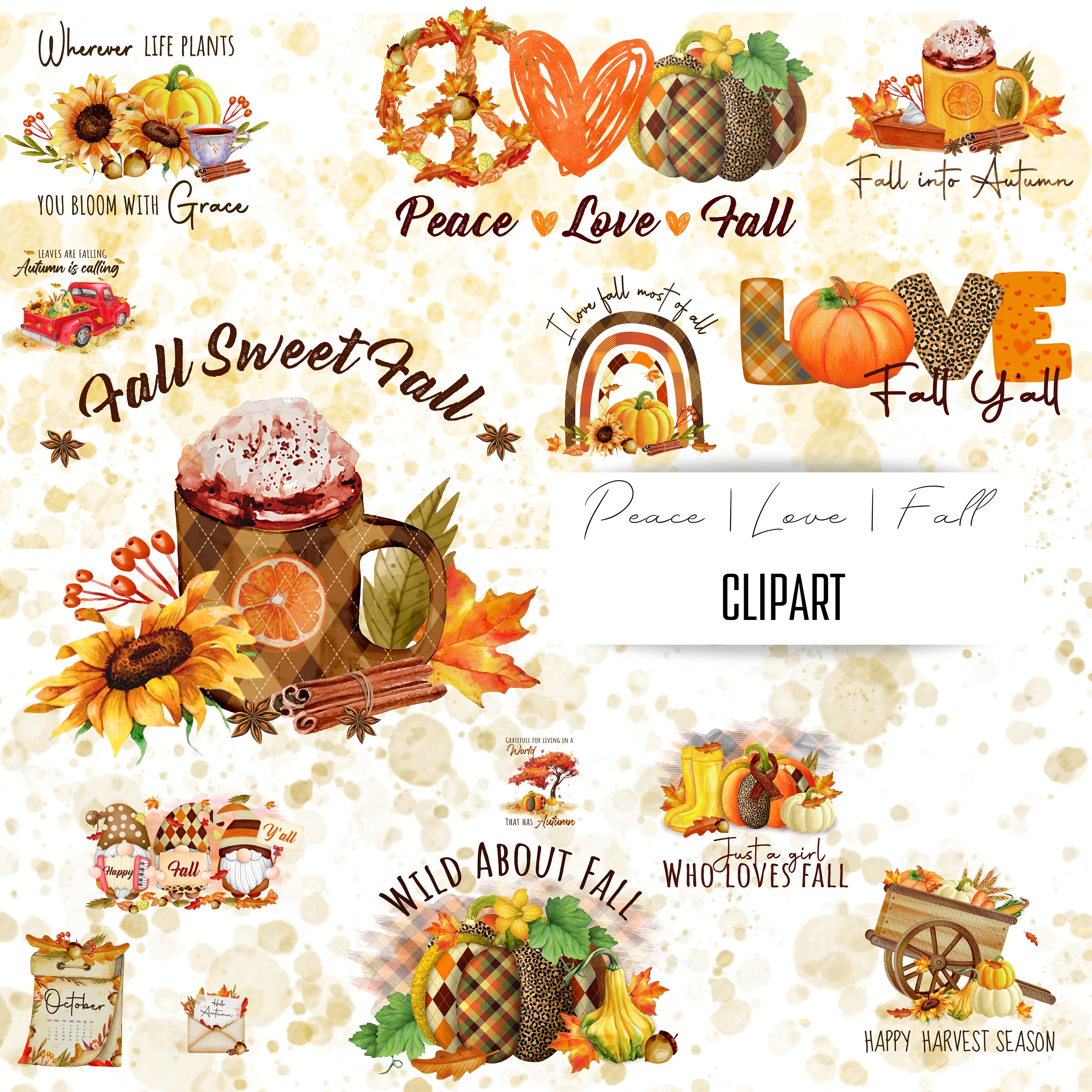 Peace Love Fall, Fall Clipart, Autumn PNG, Autumn Quotes, Fall is ...