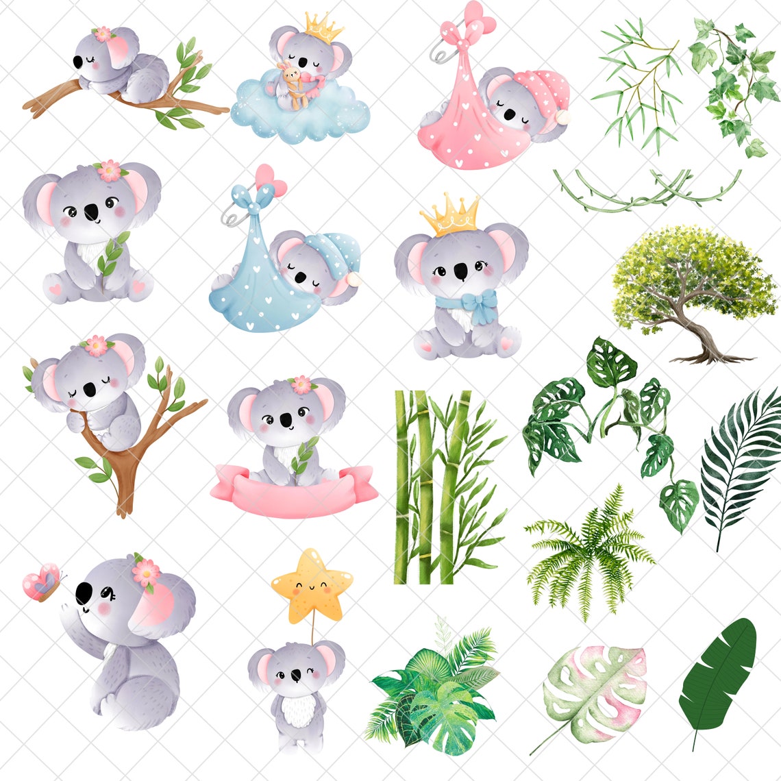 Watercolor Koala Clipart Set: Jungle Animals, Nursery Decor (PNG, JPG ...