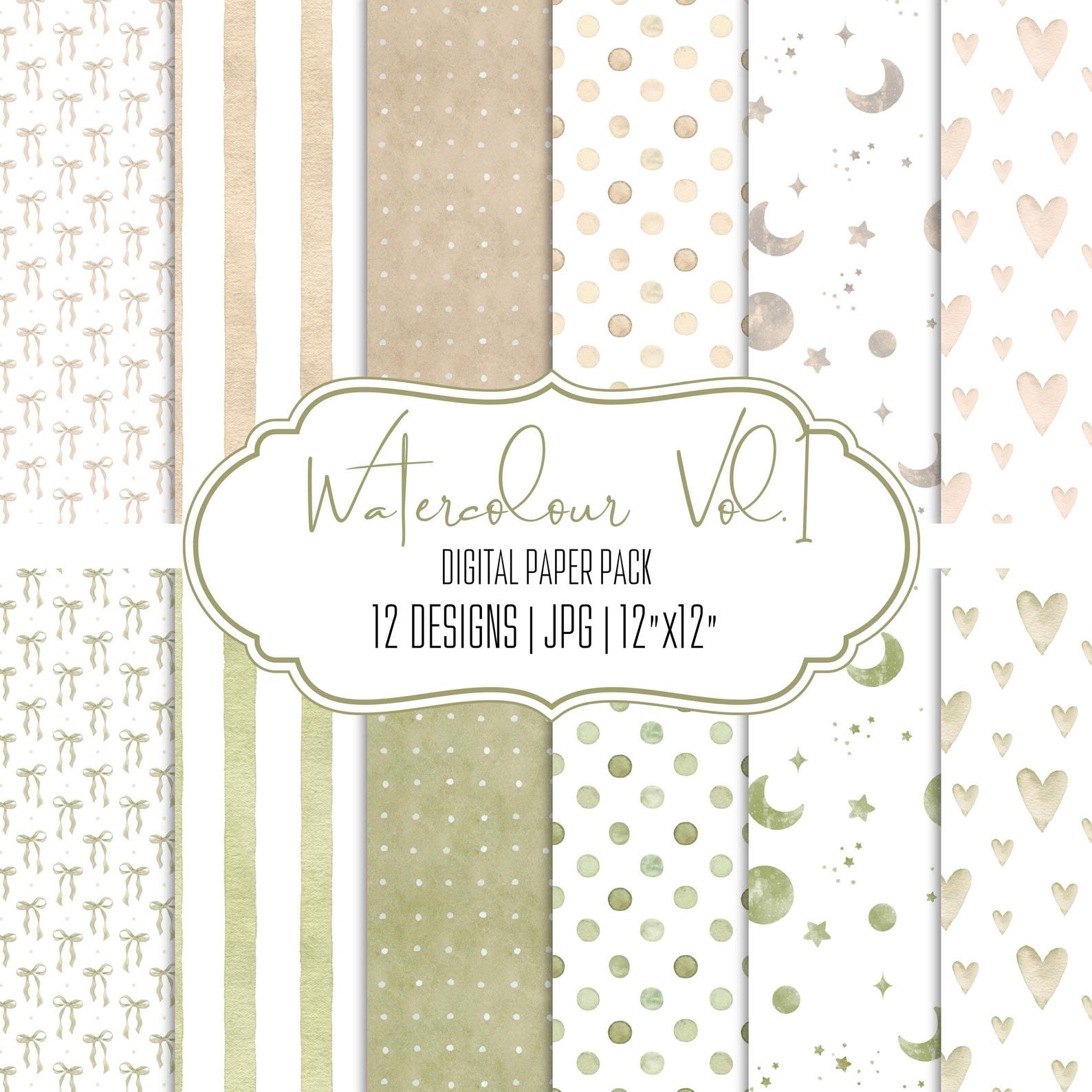 Watercolor Digital Paper Pack Beige Green | Neutral Scrapbook Paper ...