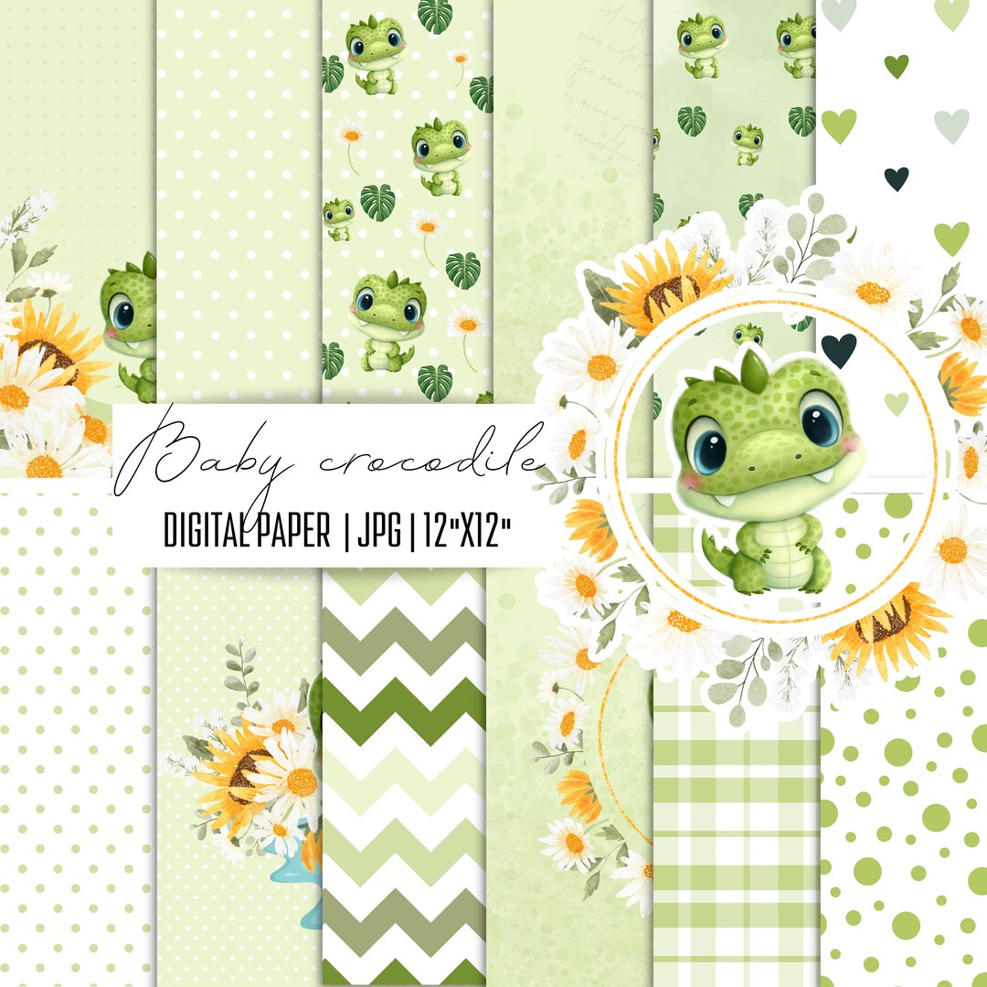 Baby Crocodile Digital Paper Pack, Scrapbook Paper, Nursery Background ...