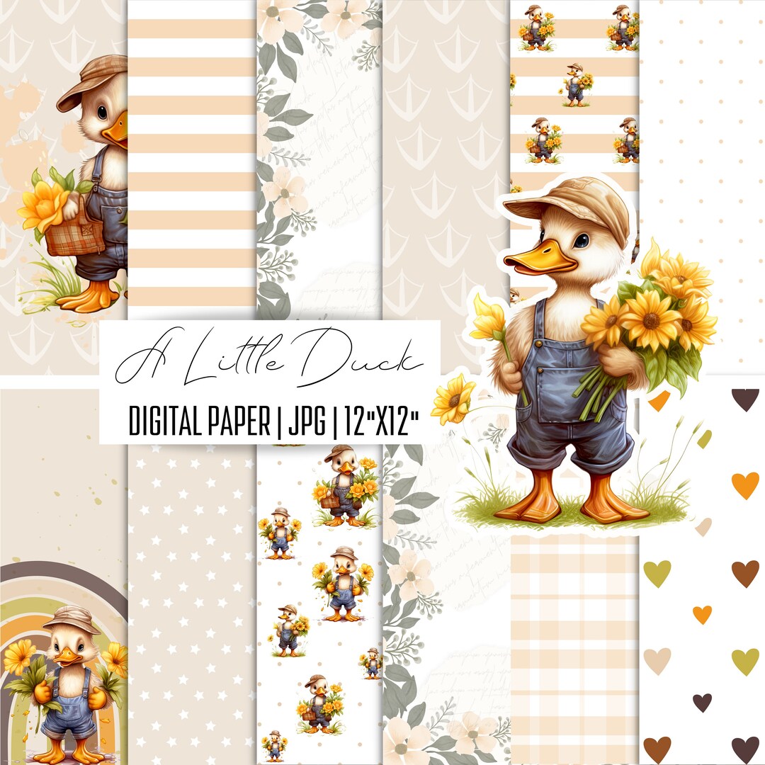A Little Duck Digital Paper Pack, Animal Scrapbook Pattern, Cute ...