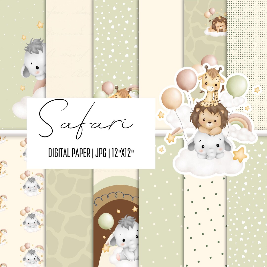Safari Baby Digital Paper | Cute Jungle Animal Background | 12”x12 ...