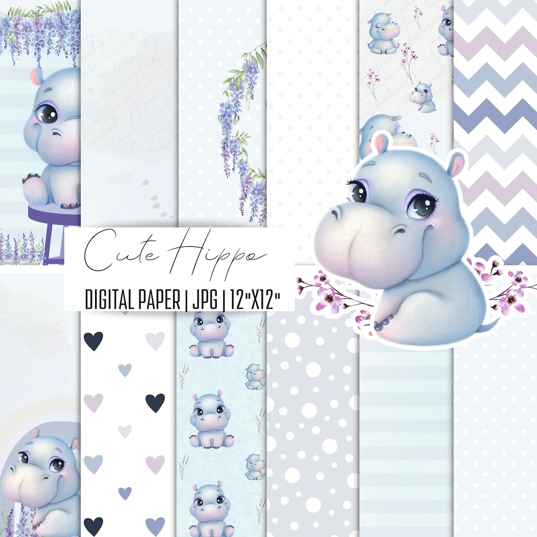 Cute Hippo Digital Paper, Printable Paper, Digital Paper Pack, Digital ...