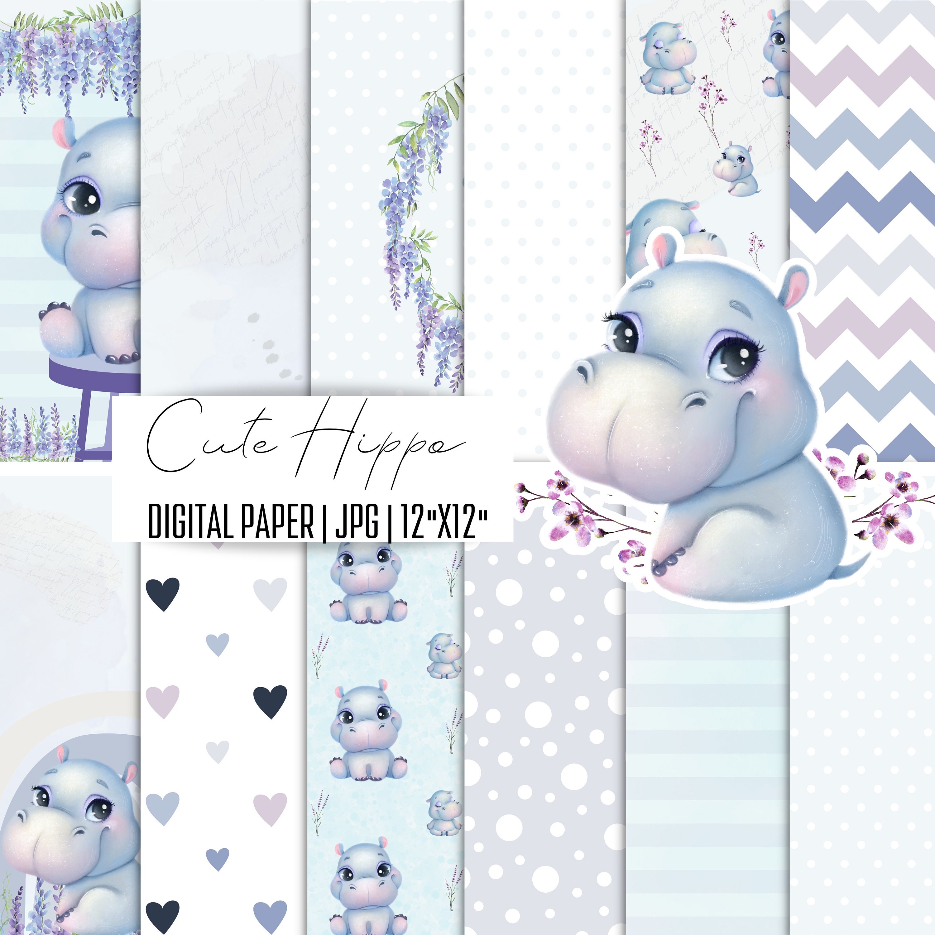 Cute Hippo Digital Paper, Printable Paper, Digital Paper Pack, Digital ...