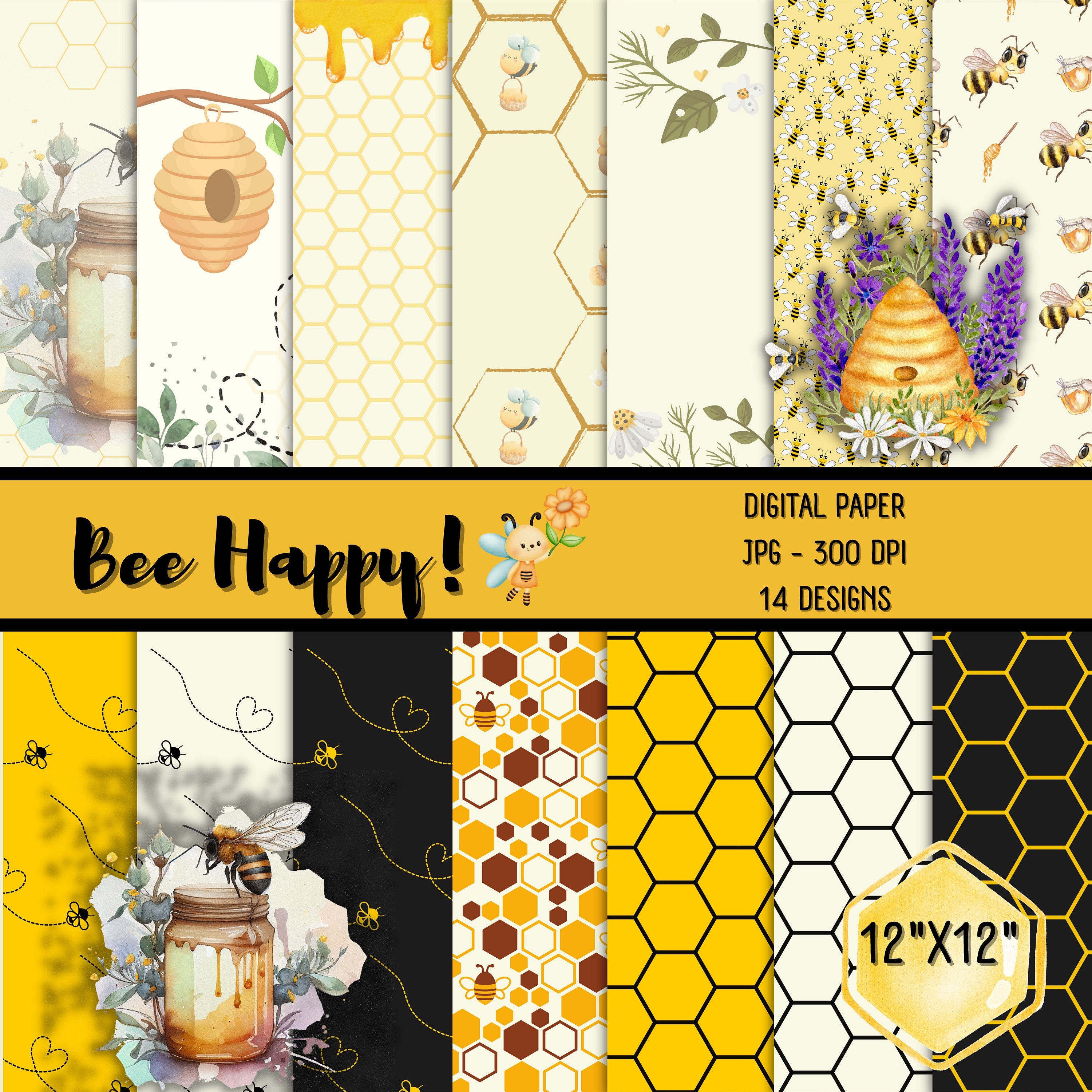 Honey Bee Digital Paper, Bee Seamless Pattern, Honey Bee Party Decoration, Bee Background, Honey ...