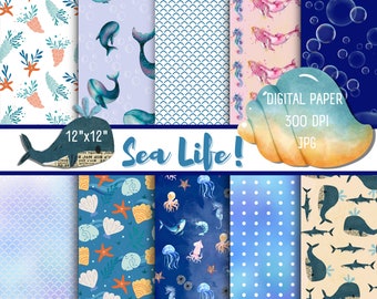 Sea Life Digital Paper, 5 Printable Paper, Seamless Pattern, Instant ...