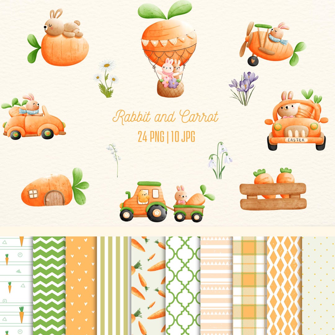 Rabbit and Carrot Watercolor Clipart: Spring Easter PNG JPG (digital ...