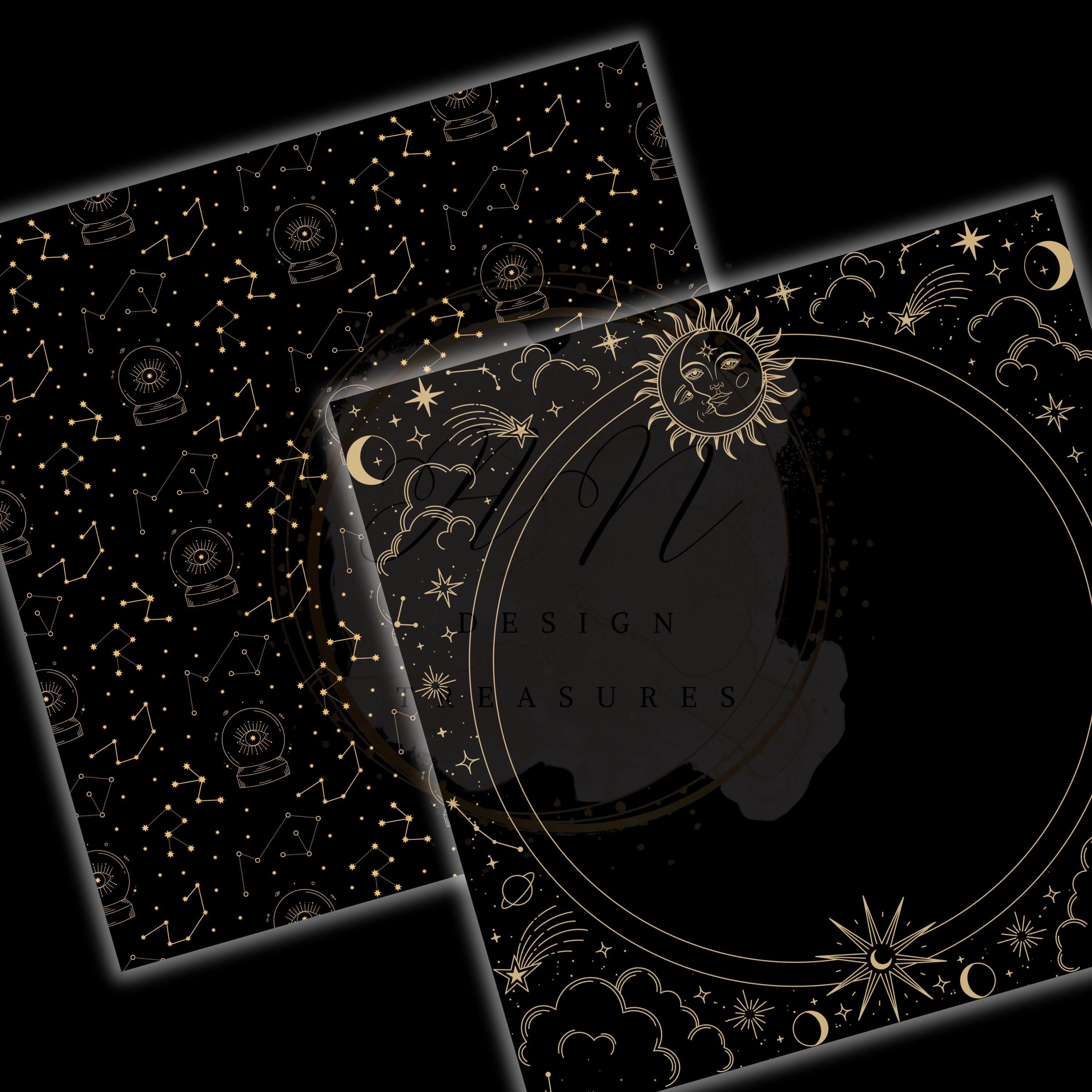 Sun and Moon Digital Paper Pack: Black & Gold Scrapbook Backgrounds ...