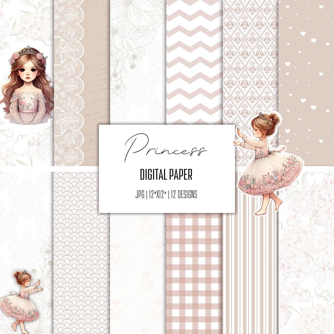 Princess Digital Paper Pack: Pastel Floral Scrapbook Backgrounds (12x12 ...