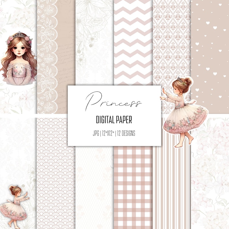Princess Digital Paper Pack: Pastel Floral Scrapbook Backgrounds (12x12 ...