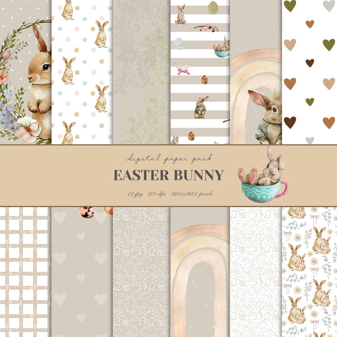 Easter Bunny Digital Papers – Watercolor Rabbits, Neutral Spring ...