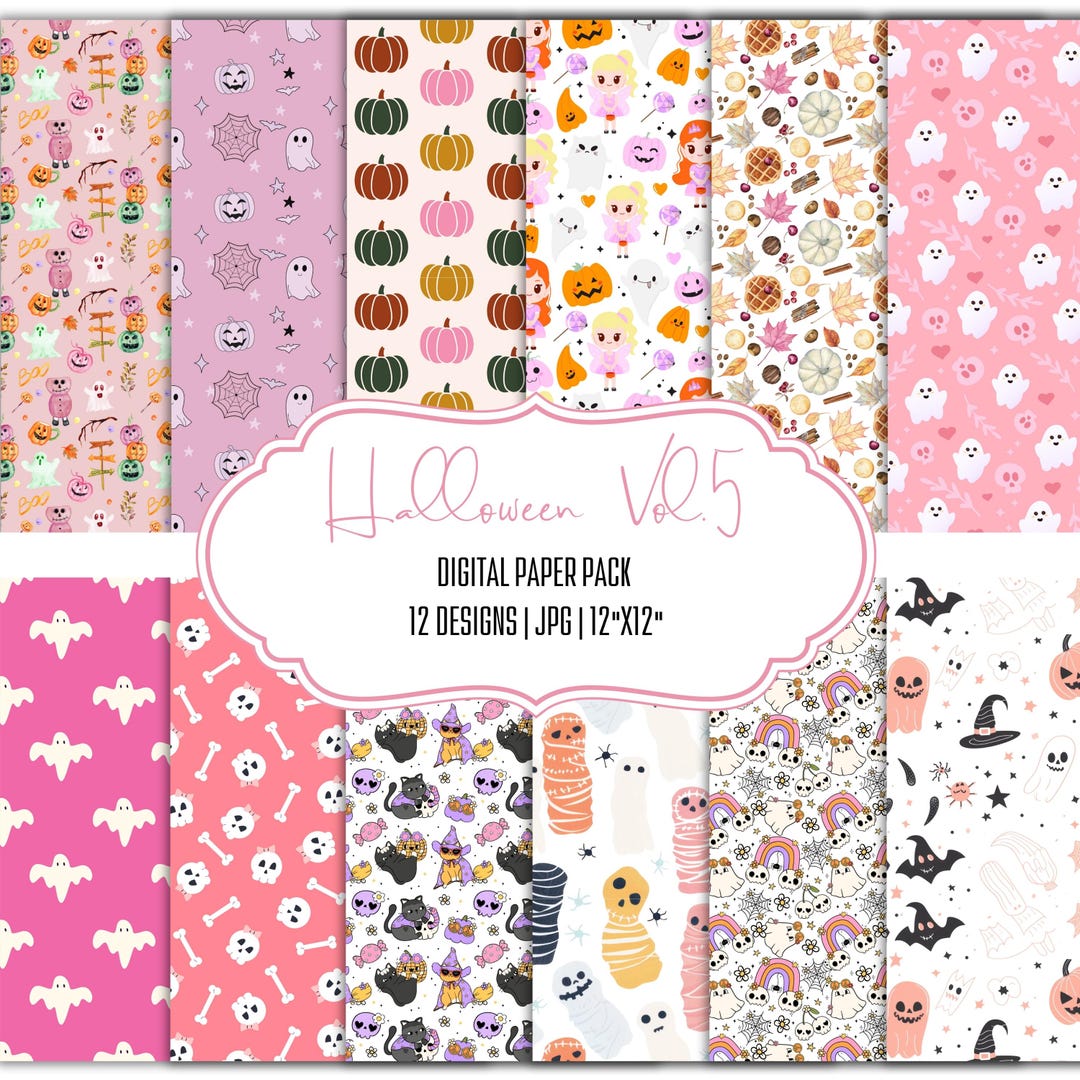 Pastel Halloween Digital Paper Pack: Kawaii Ghost, Pumpkin, Witch (12 ...