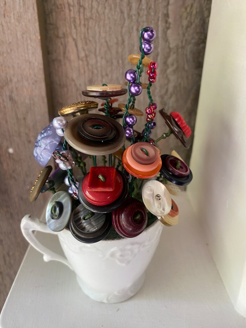 Vintage Tea Cup With Button Bouquet, Button Flower Art Decoration ...