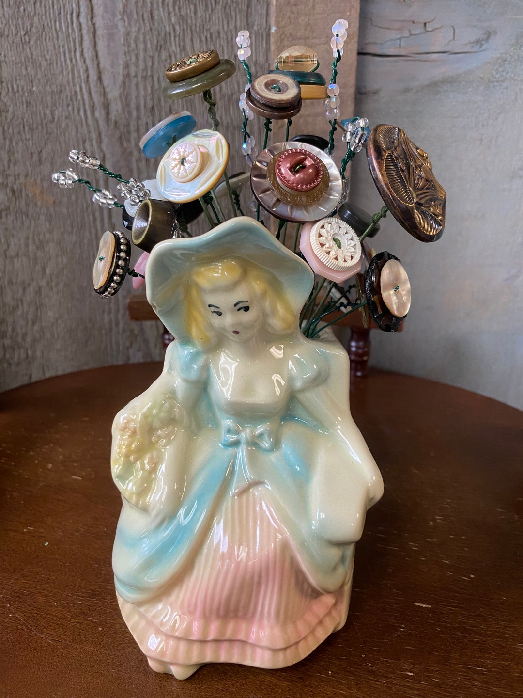 Vintage Lady Planter With Button Bouquet, Button Flower Art, 1940s ...