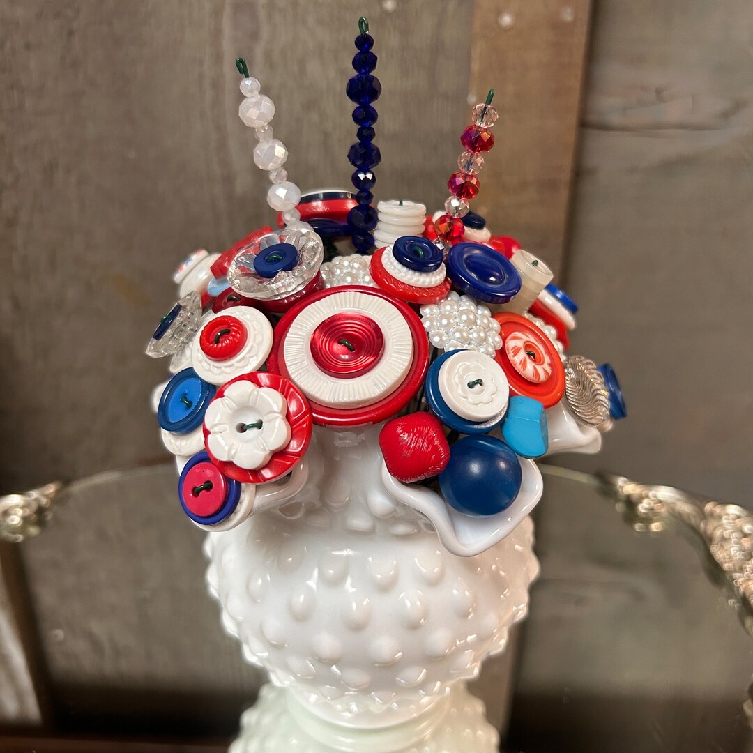 Red, White & Blue Button Bouquet in White Milk Glass Rose Bowl, Vintage ...
