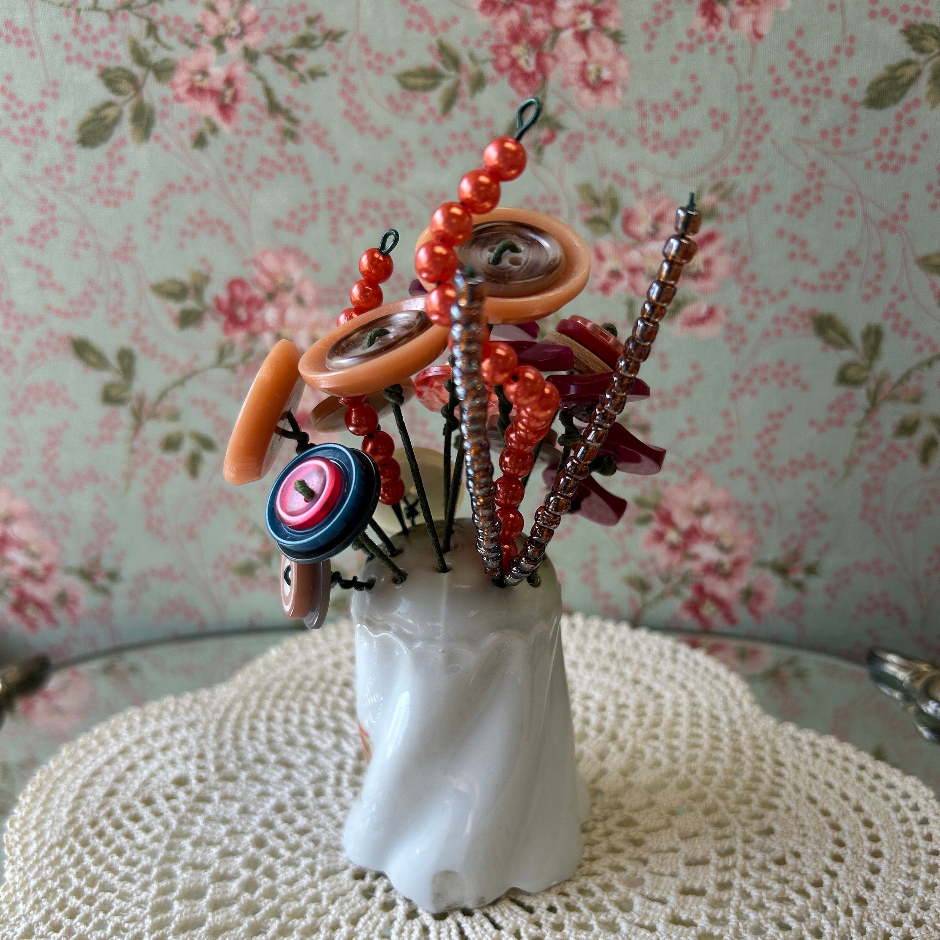 Shabby Chic Button Bouquet in Vintage Shaker, Hatpin Holder, Button Art ...