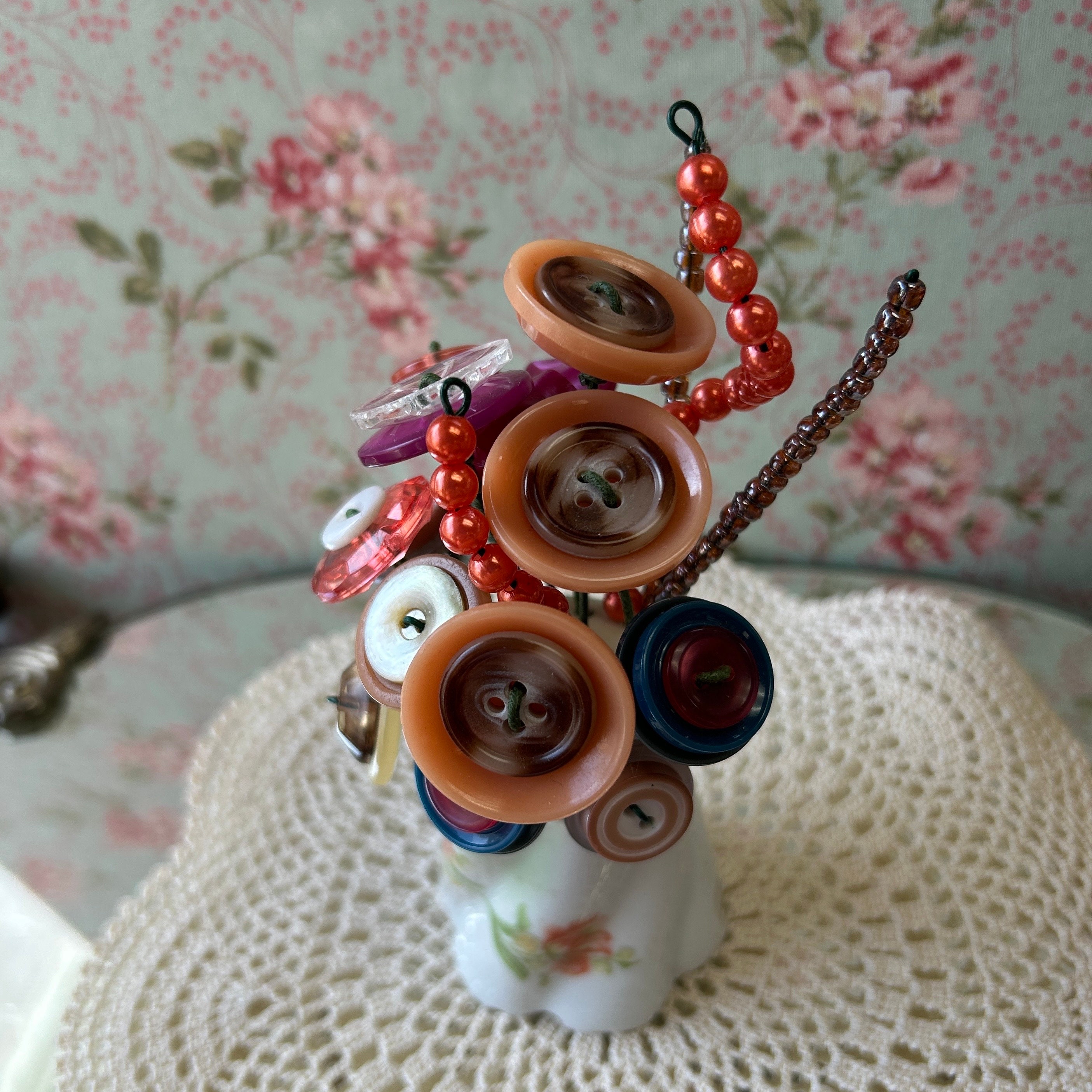 Shabby Chic Button Bouquet in Vintage Shaker, Hatpin Holder, Button Art ...